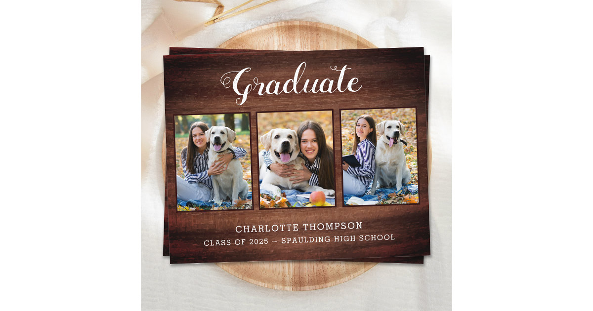 Budget Rustic Wood 3 Photo Graduation Invitation | Zazzle