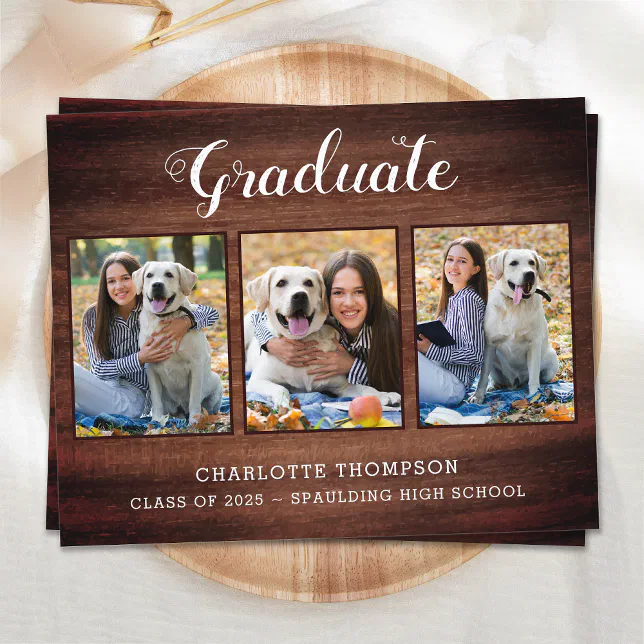 Budget Rustic Wood 3 Photo Graduation Invitation | Zazzle
