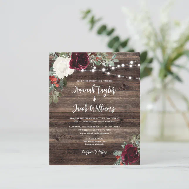 Budget Rustic Wood Christmas Wedding Invitation | Zazzle