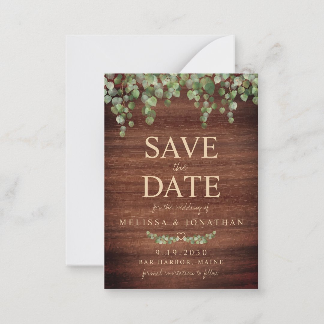 Budget Rustic Wood Eucalyptus Save The Date Note Card | Zazzle