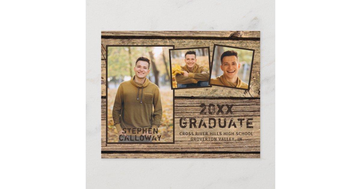 Budget Rustic Wood Graduation 4 Photo Announcement | Zazzle