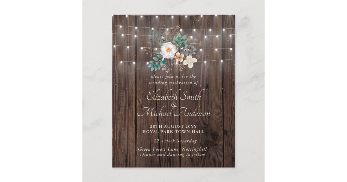 Budget Rustic Wood Lights Floral Wedding Invites | Zazzle