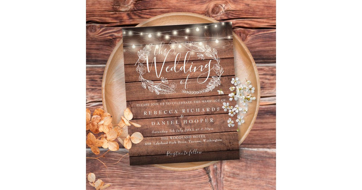 Budget Rustic Wood String Light Wedding Invitation | Zazzle