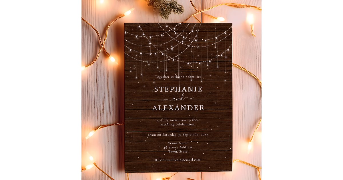 Budget Rustic Wood String Lights Wedding Invite | Zazzle