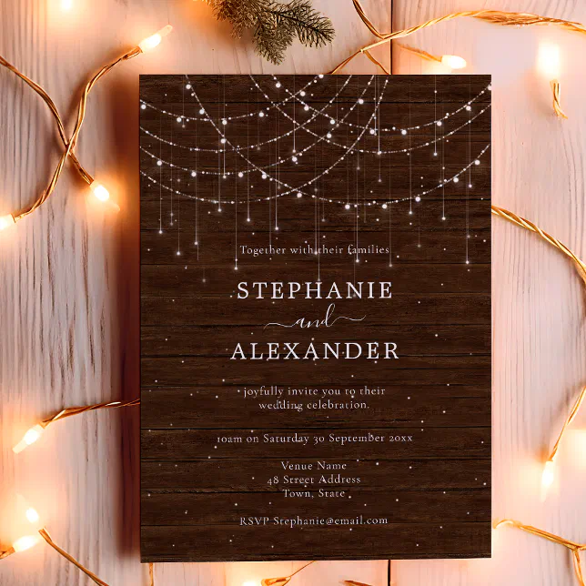 Budget Rustic Wood String Lights Wedding Invite | Zazzle