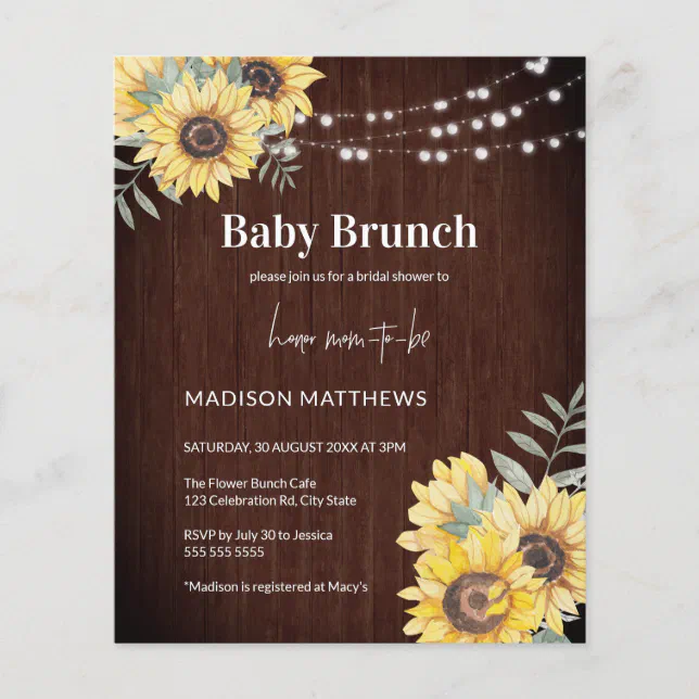Budget Rustic Wood Sunflower Baby Shower Invite Flyer | Zazzle