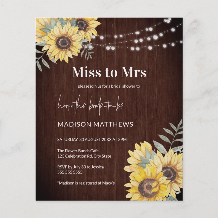 Budget Rustic Wood Sunflower Lights Miss to Mrs Flyer | Zazzle