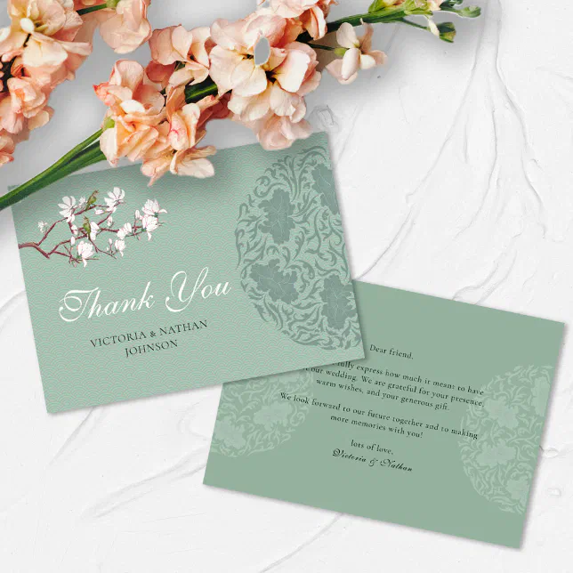 BUDGET Sage Green Chinoiserie Wedding Thank You No Note Card | Zazzle