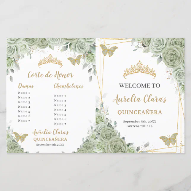 Budget Sage Green Floral Quinceanera XV Program | Zazzle