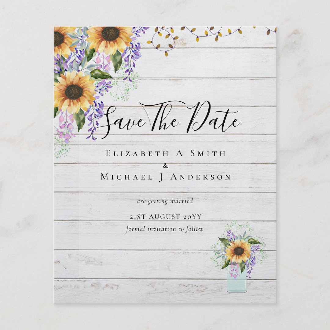 BUDGET SAVE THE DATES Rustic Sunflowers Purple Flyer | Zazzle