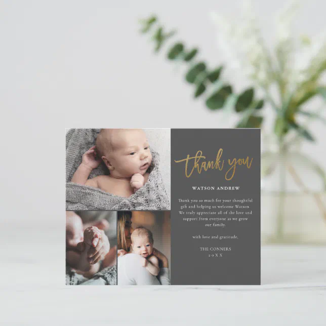 Budget Script 3 Photo Baby Thank You Card | Zazzle
