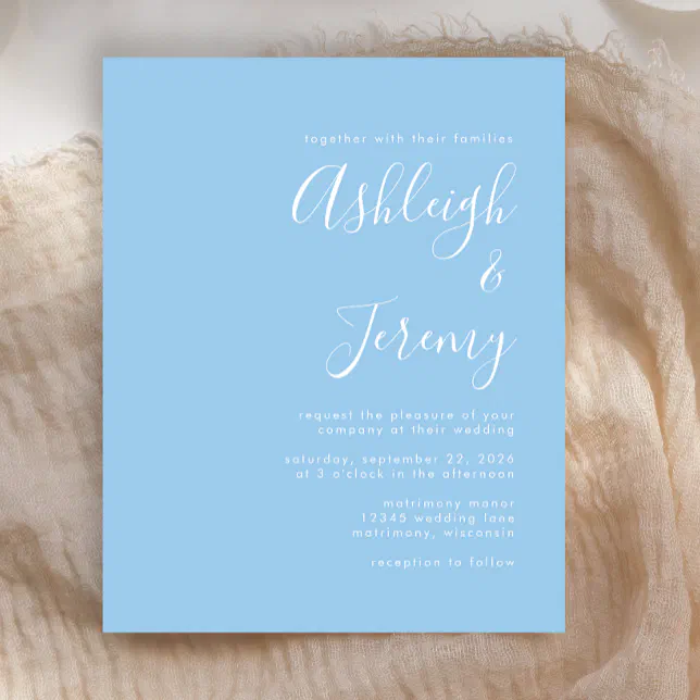 Budget Script Baby Blue Wedding Invitation | Zazzle