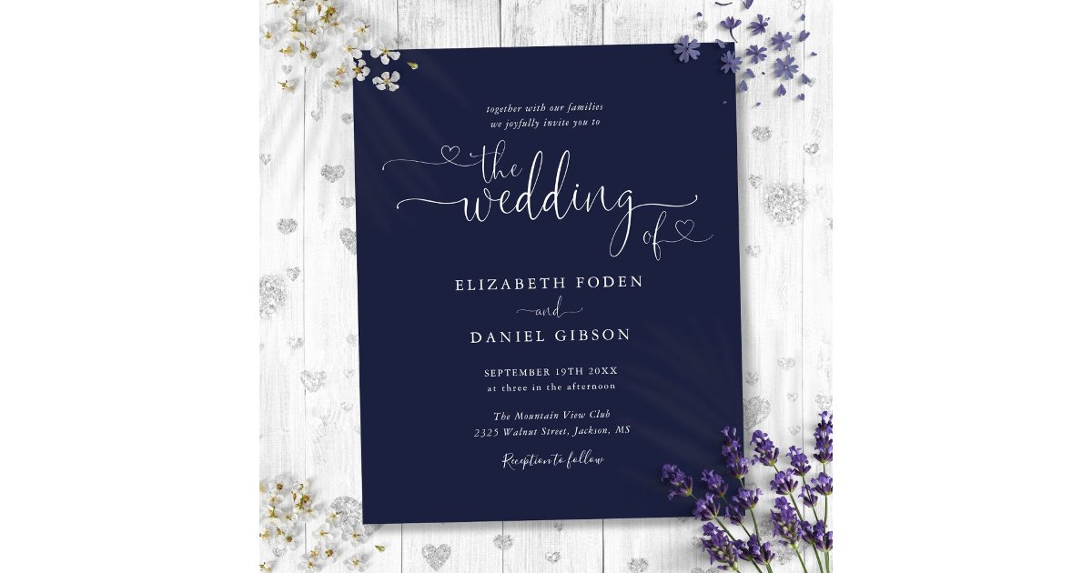 Budget Script Navy Blue Wedding Invitation | Zazzle