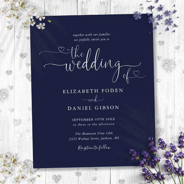 Budget Script Navy Blue Wedding Invitation | Zazzle