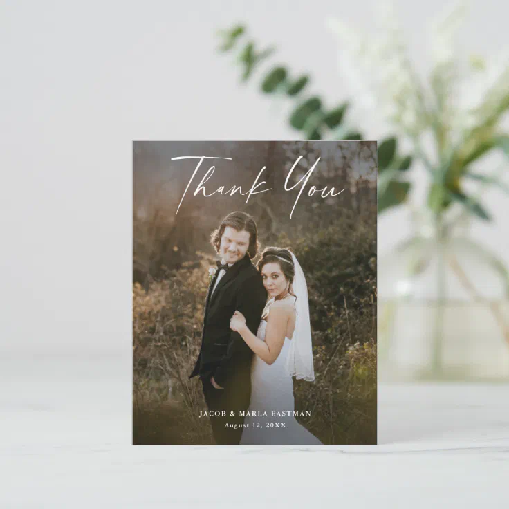 Budget Script Photo Wedding Thank You Card | Zazzle