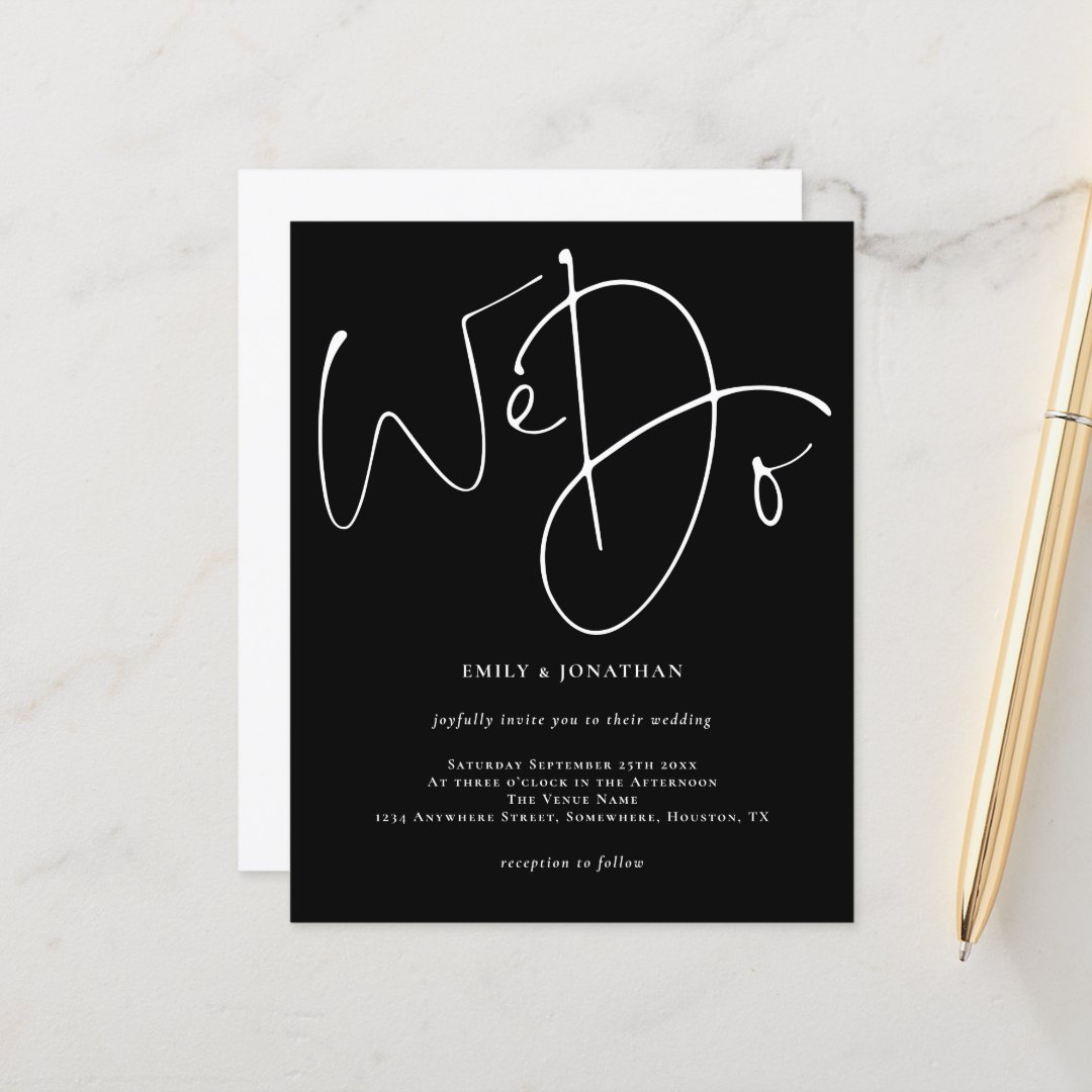 Budget Script We Do Black Wedding Invitation | Zazzle