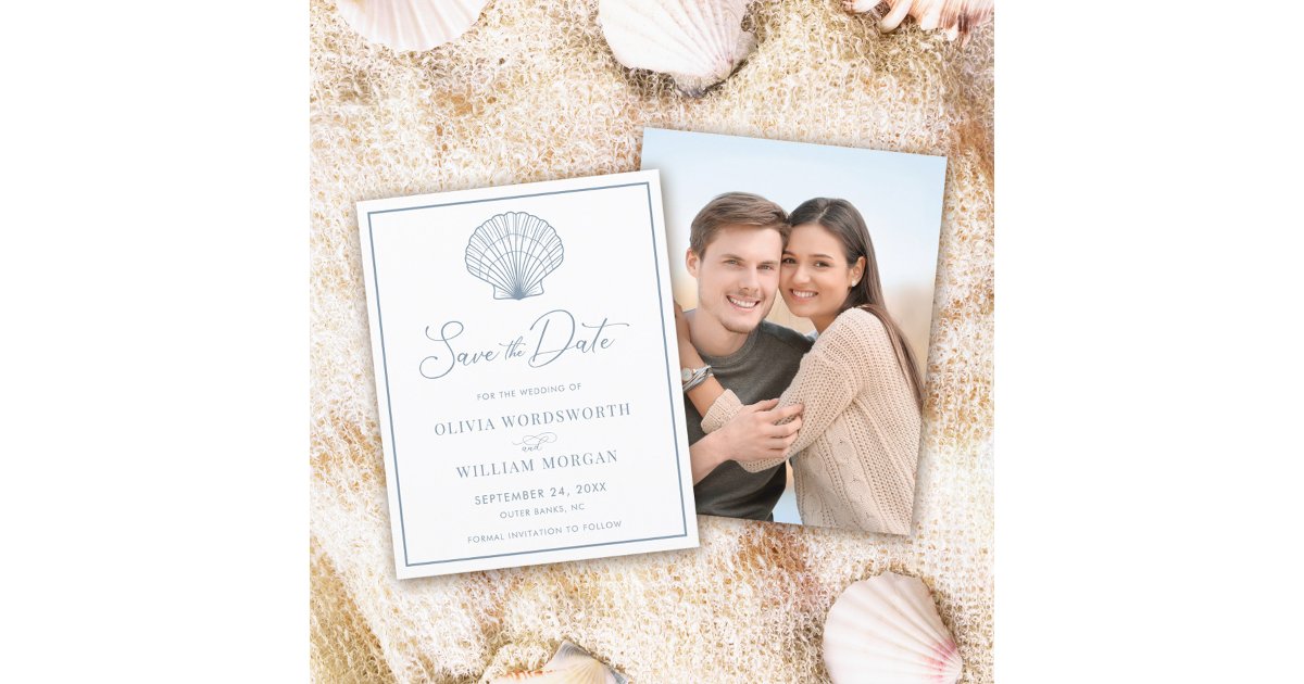 Budget Seashell Beach Dusty Blue Save the Date | Zazzle