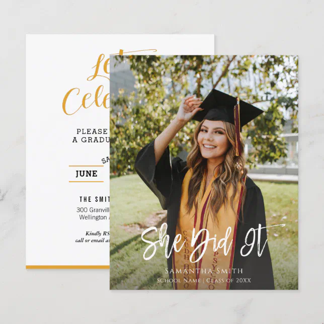 BUDGET She Did It Minimalist Photo Grad Invitation | Zazzle