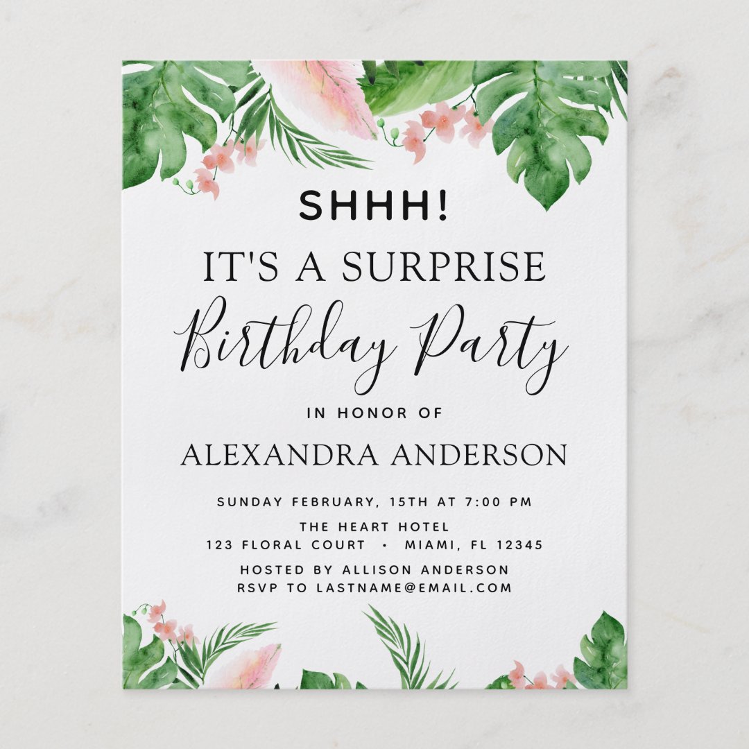 Budget Shhh Surprise Birthday Party Tropical Flyer | Zazzle