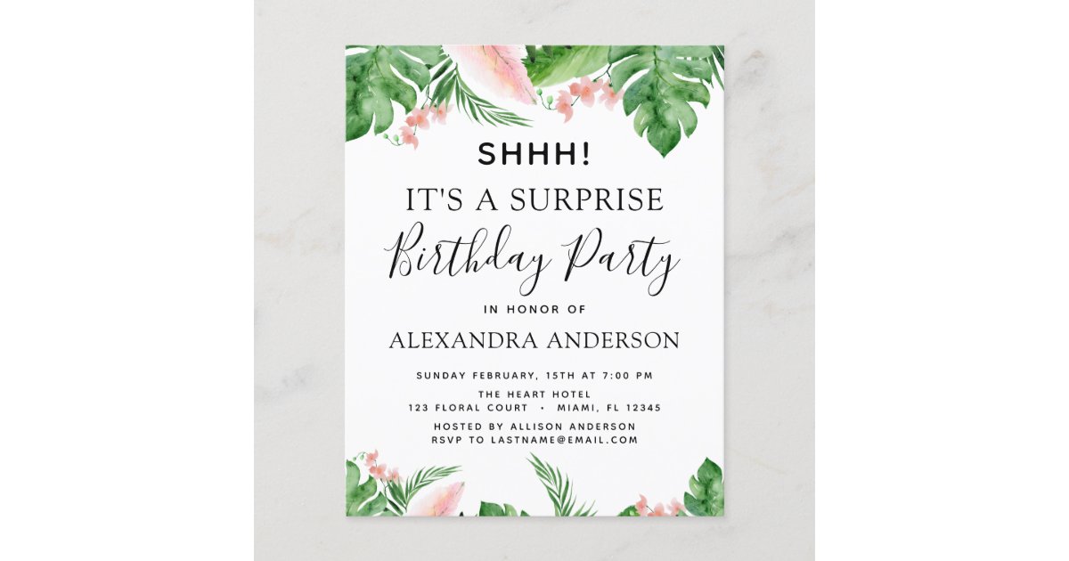 Budget Shhh Surprise Birthday Party Tropical Flyer | Zazzle
