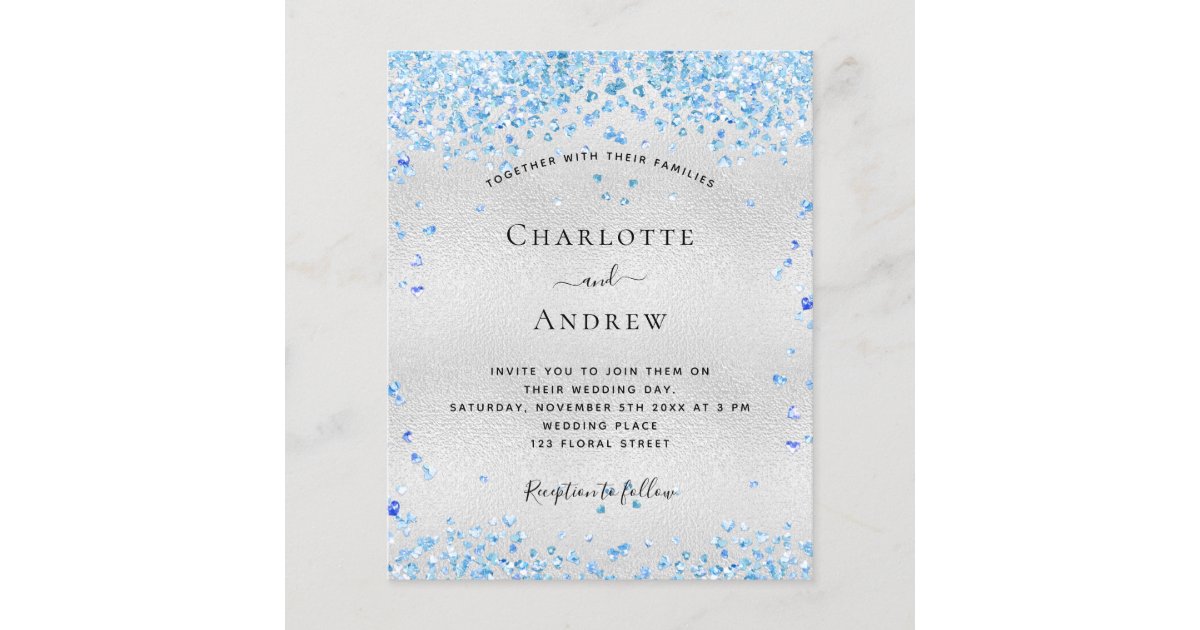 Budget silver blue QR code wedding invitation | Zazzle