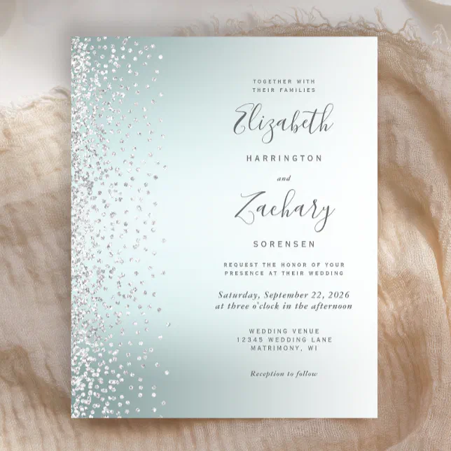 Budget Silver Confetti Aqua Ombre Wedding Invite | Zazzle