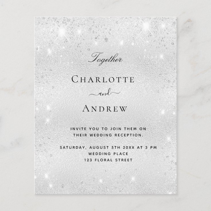 Budget silver glitter elegant wedding invitation | Zazzle