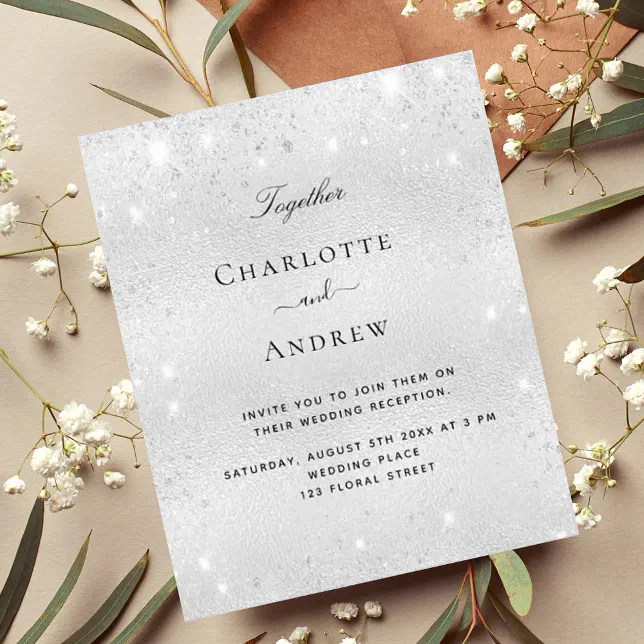 Budget silver glitter elegant wedding invitation | Zazzle