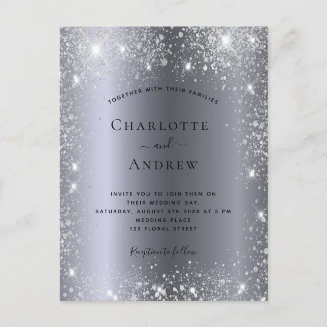 Budget silver glitter metal elegant wedding invitation postcard | Zazzle