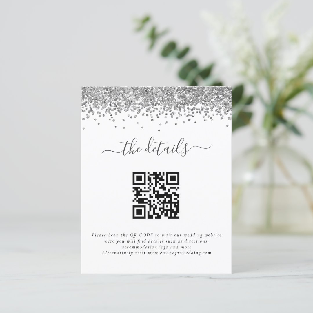 Budget Silver Glitter QR Code Wedding Details | Zazzle
