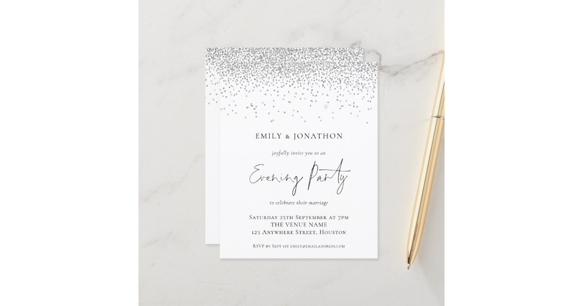 Budget Silver Glitter Wedding Evening Party Invite | Zazzle