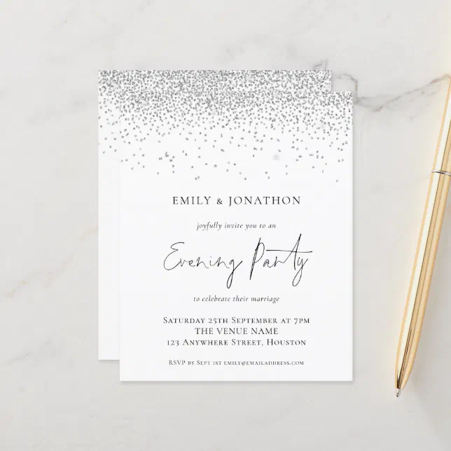 Budget Silver Glitter Wedding Evening Party Invite | Zazzle