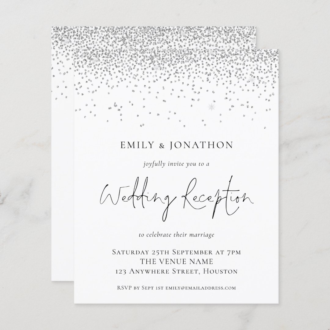 Budget Silver Glitter Wedding Reception Invitation | Zazzle