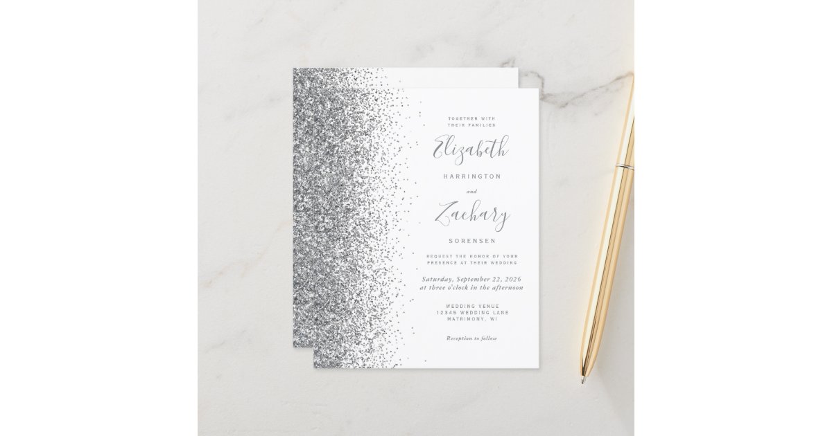 Budget Silver Glitter White Wedding Invitation | Zazzle