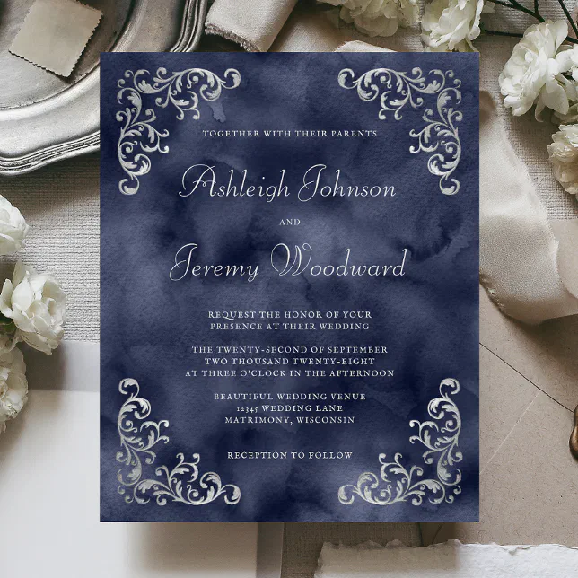 Budget Silver Navy Blue Wedding Invitation | Zazzle