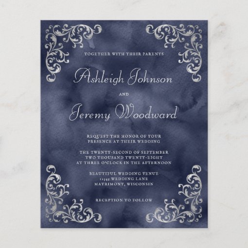 Budget Silver Navy Blue Wedding Invitation | Zazzle