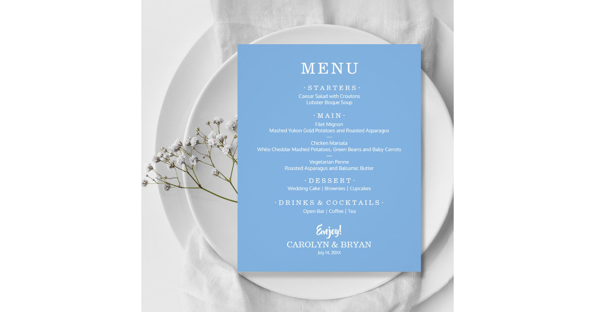 Budget Simple Elegant Blue Wedding Menu | Zazzle