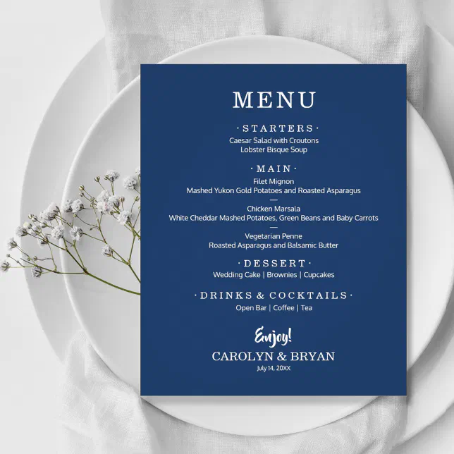 Budget Simple Elegant Navy Blue Wedding Menu | Zazzle