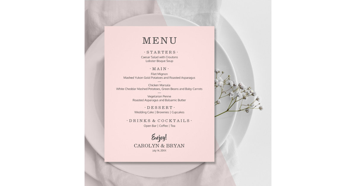 Budget Simple Elegant Pink Wedding Menu Flyer | Zazzle