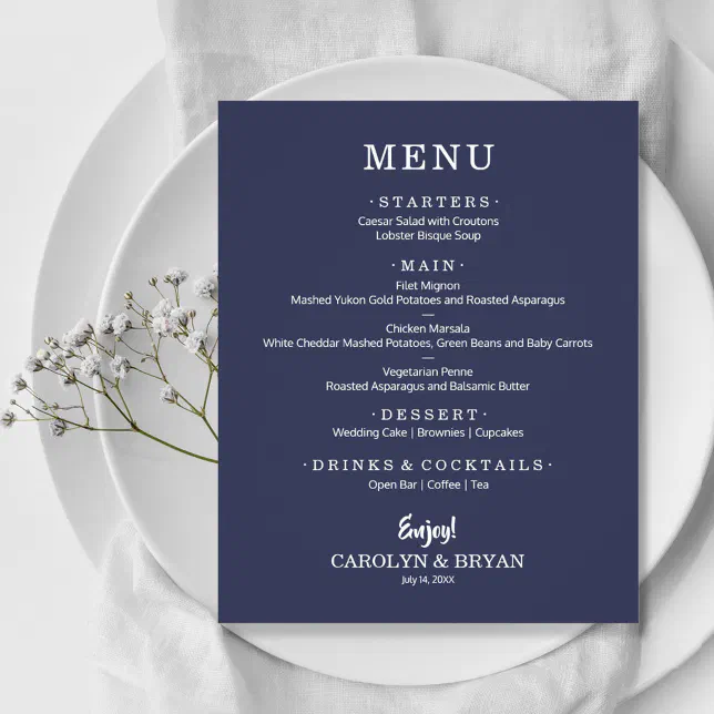 Budget Simple Elegant Sapphire Blue Wedding Menu | Zazzle