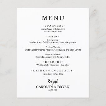 Budget Simple Elegant White Wedding Menu | Zazzle