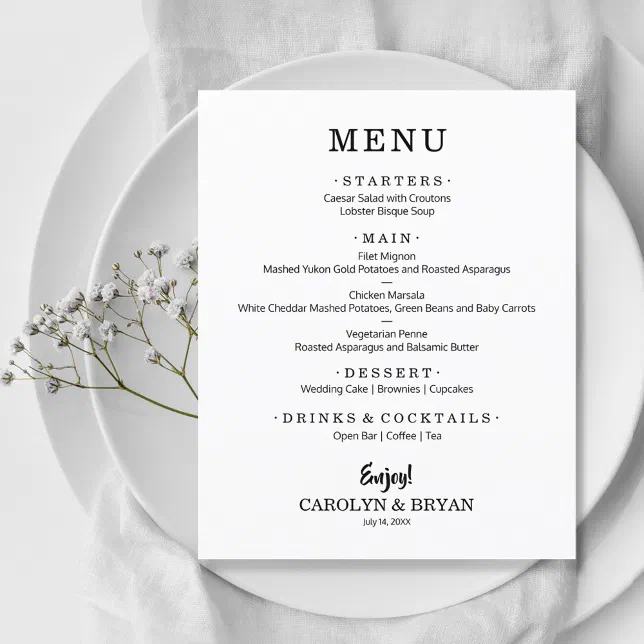 Budget Simple Elegant White Wedding Menu | Zazzle