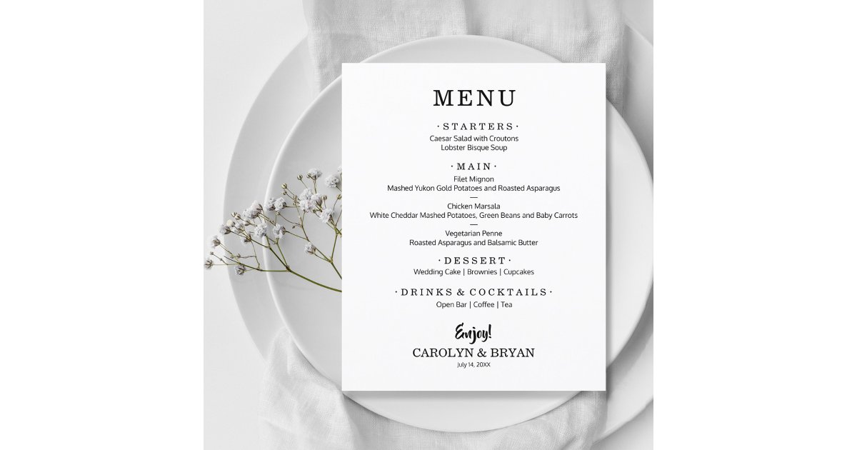 Budget Simple Elegant White Wedding Menu | Zazzle