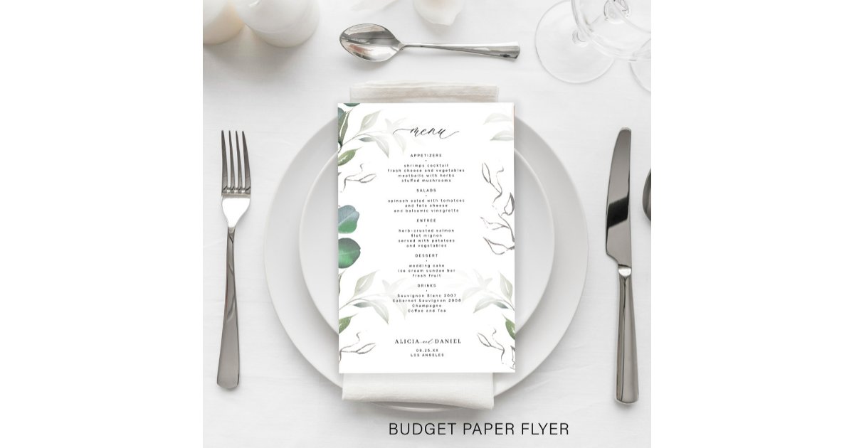 Budget simple eucalyptus greenery wedding menu flyer | Zazzle