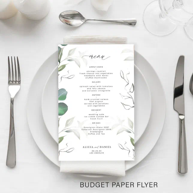 Budget simple eucalyptus greenery wedding menu flyer | Zazzle