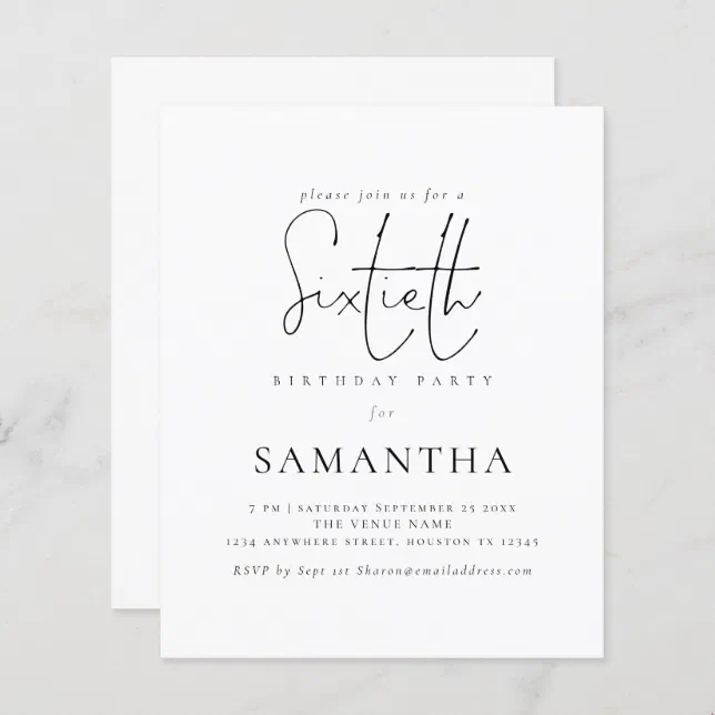 Budget Simple Script 60th Birthday Party Invite | Zazzle