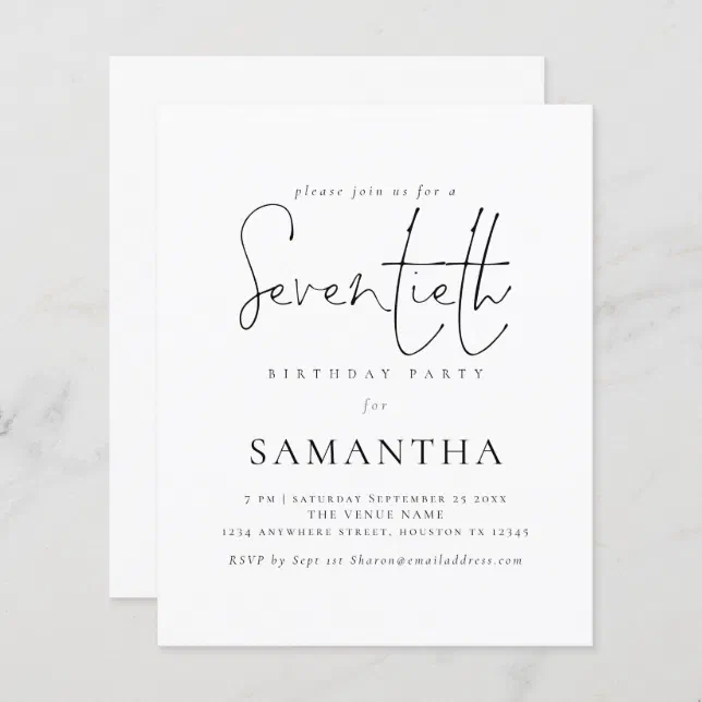Budget Simple Script 70th Birthday Party Invite | Zazzle