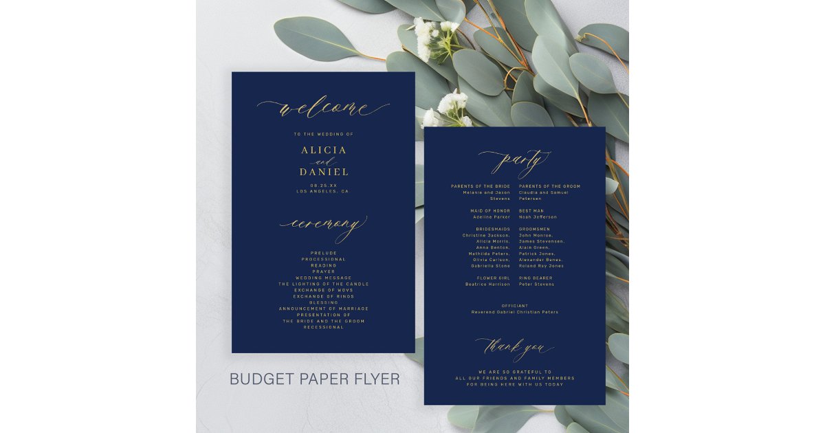 Budget simple script gold navy wedding program flyer | Zazzle