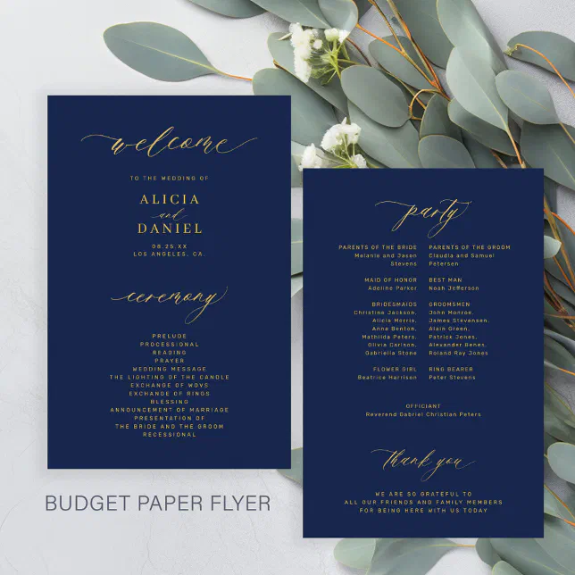 Budget simple script gold navy wedding program flyer | Zazzle
