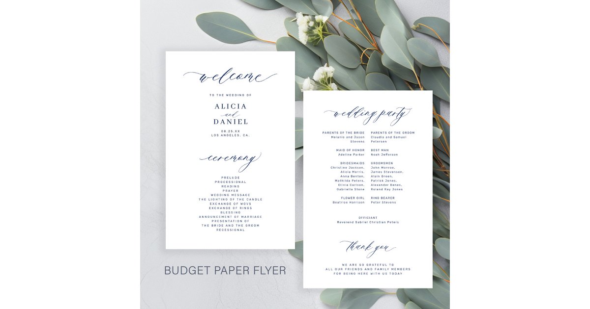 Budget simple script navy white wedding program flyer | Zazzle